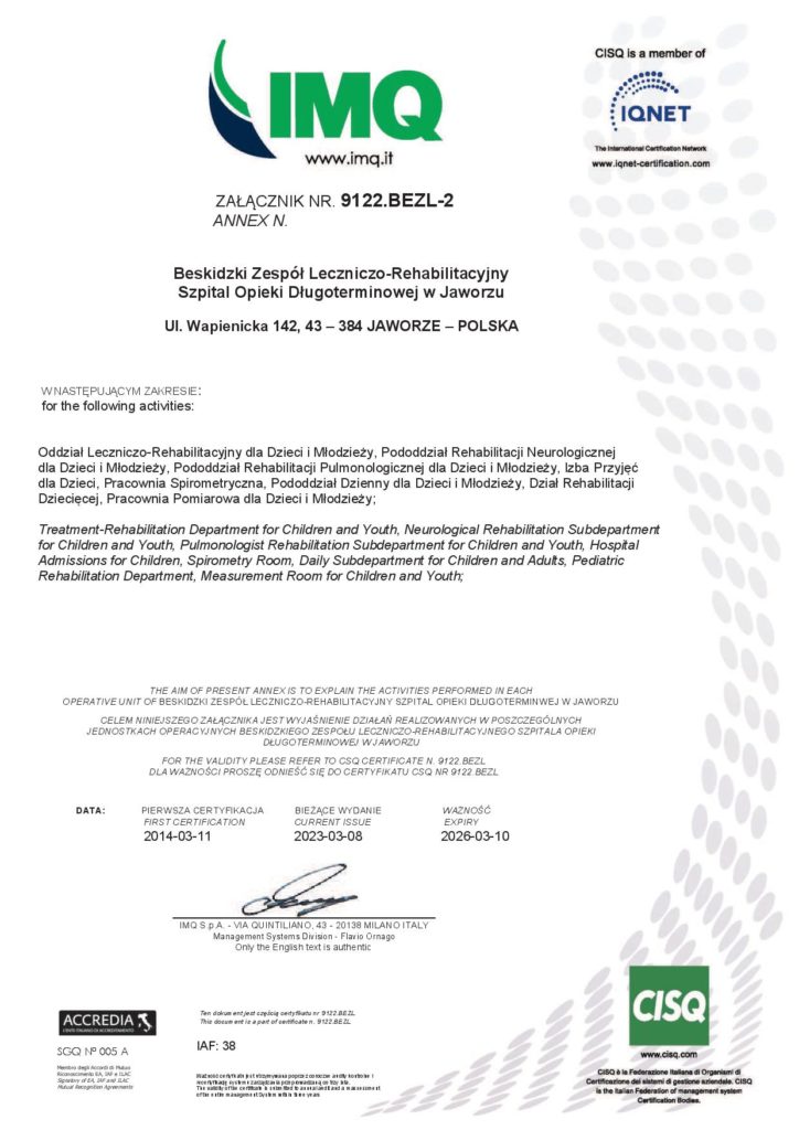 Certyfikat ISO - Beskidzki Zespół Leczniczo-Rehabilitacyjny Szpital Opieki Długoterminowej w Jaworzu